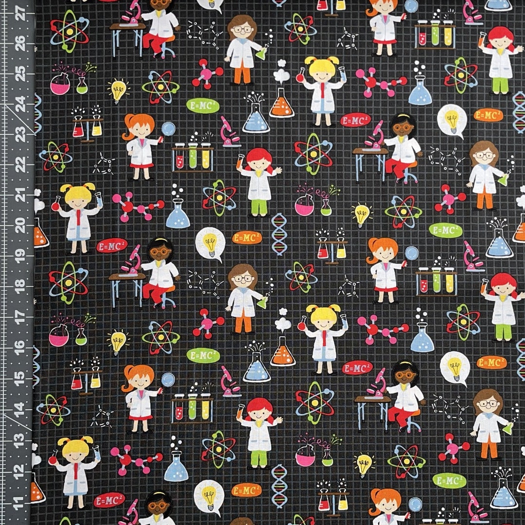 Science Fabric Girl Scientist Beaker Molecule on Gray Black Check YARD ...
