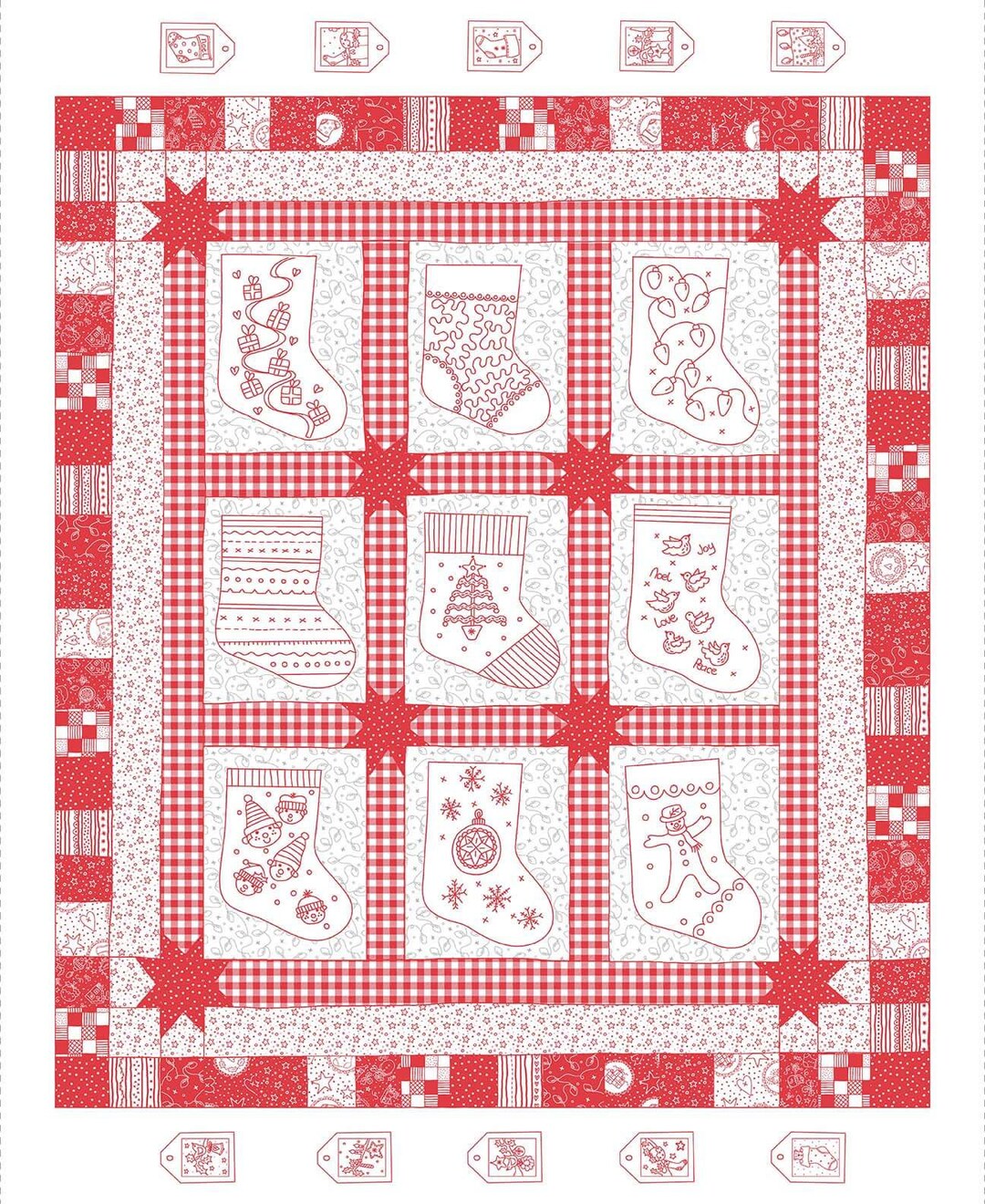 35 Fabric Panel Henry Glass Redwork Christmas Quilt Top Print Stocking ...