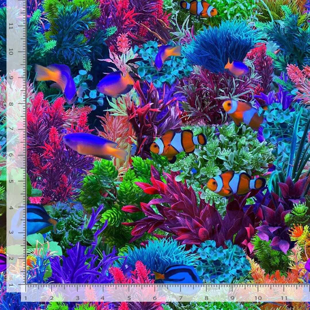 Nautical Fabric Coral Reef & Fish Allover Blue Timeless Treasures YARD ...