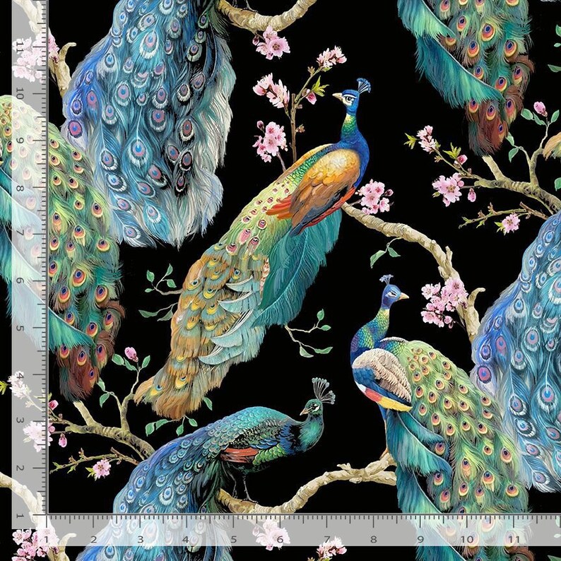 Flourish Fabric Peacock Bird Allover Black Timeless Treasures YARD - Etsy