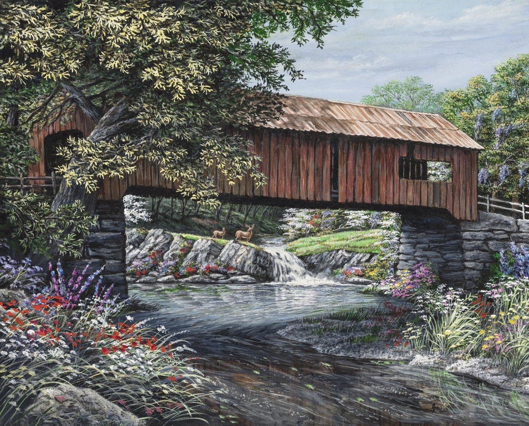 35" Fabric Panel | David Textiles Digital Covered Bridge Flowers Tree ...
