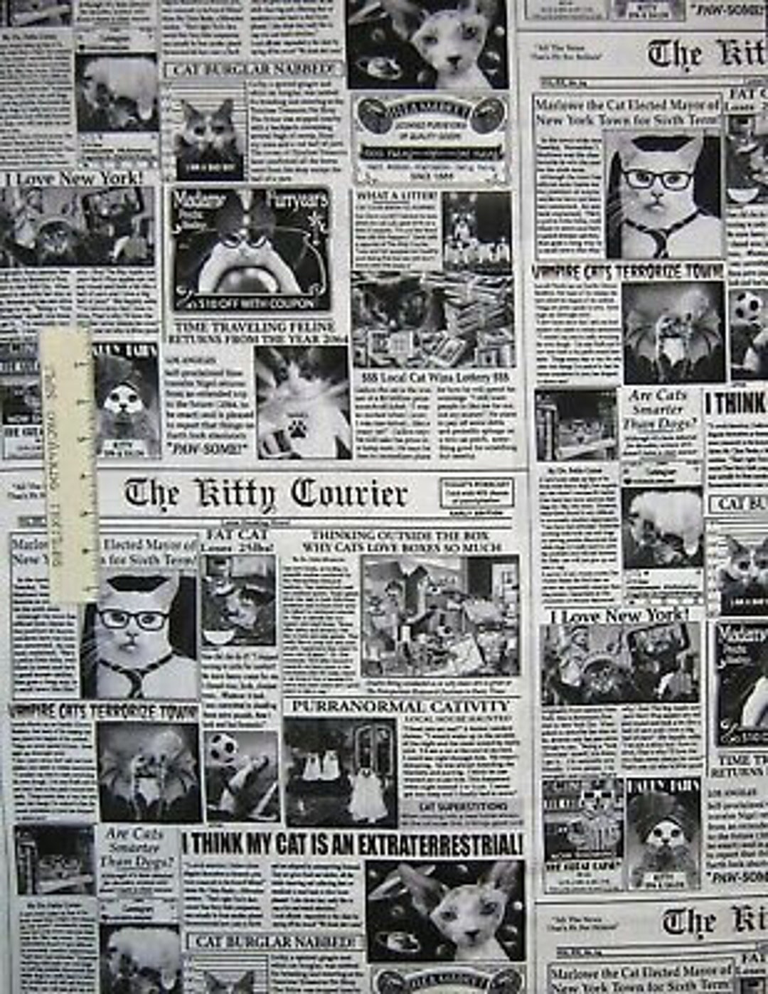 Pet Fabric Black & White Cat Newspaper Funny Puns Timeless - Etsy