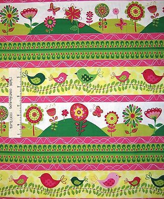 Meadow Melody Fabric Bird & Butterfly Stripe Pink Green | Etsy