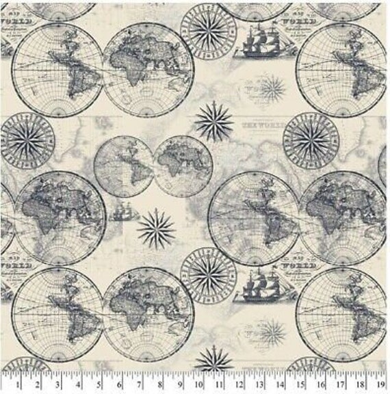 Nautical Fabric Ocean Map Compass & Ships Blue Beige David | Etsy