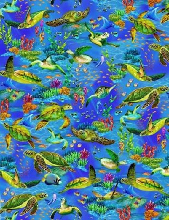 Nautical Fabric Sea Turtle Fish Coral Ocean Scene Timeless - Etsy