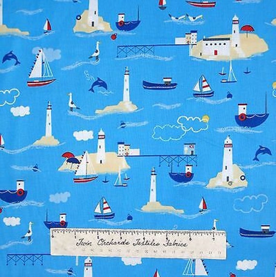Nautical Fabric Lighthouses on Aqua Blue Timeless | Etsy