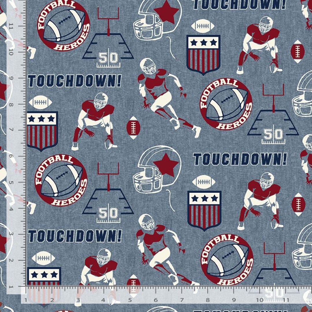 Sports Fabric Retro Football Player & Text Blue Timeless Treasures YARD ...
