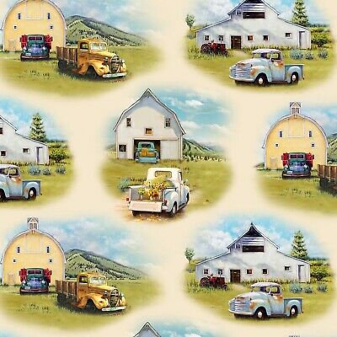 Vintage Trucks Fabric Barn Farm Scenes Cream Elizabeth's Studio YARD - Etsy
