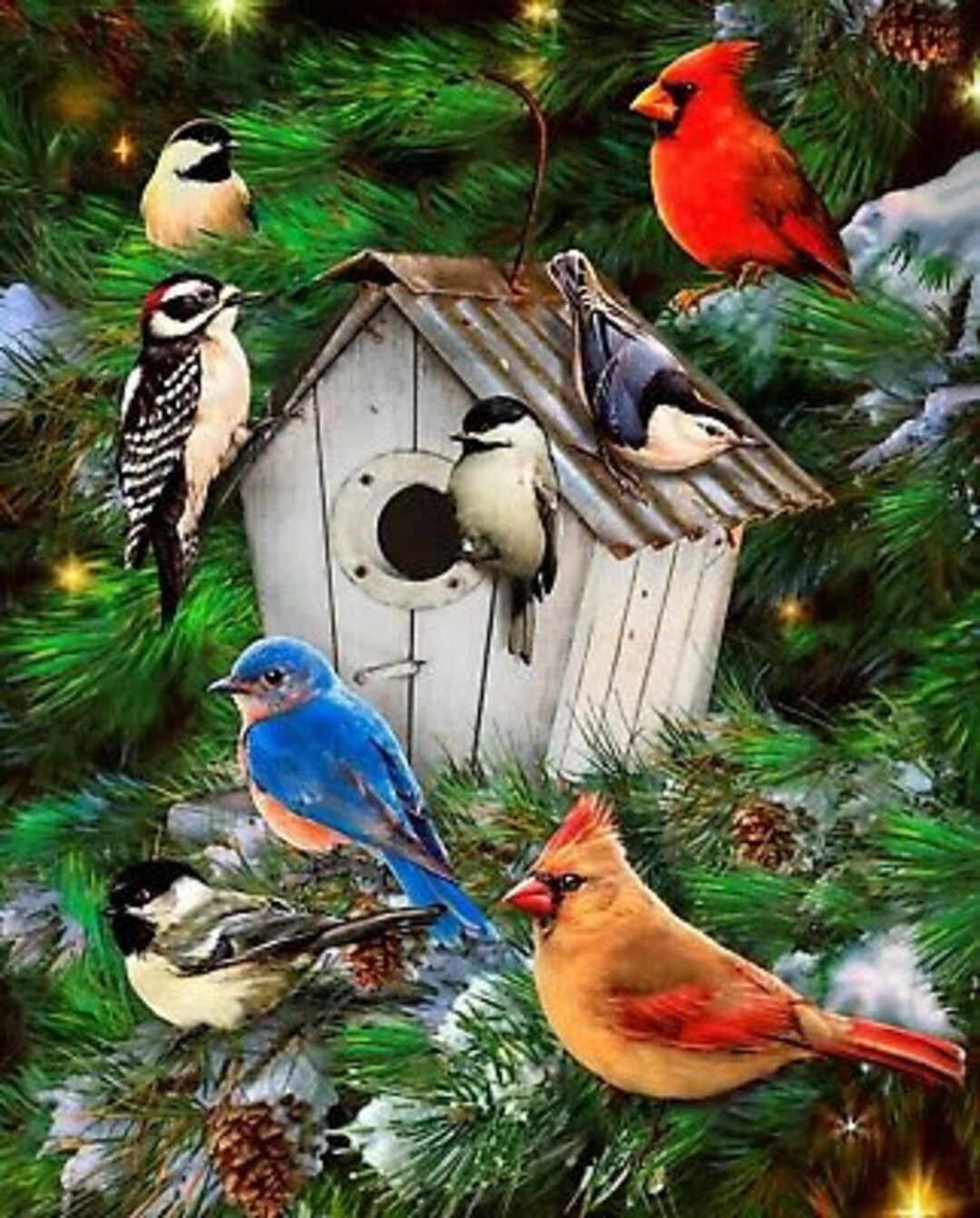 35 Digital Fabric Panel David Textiles Cardinal Bird Birdhouse & Pine ...