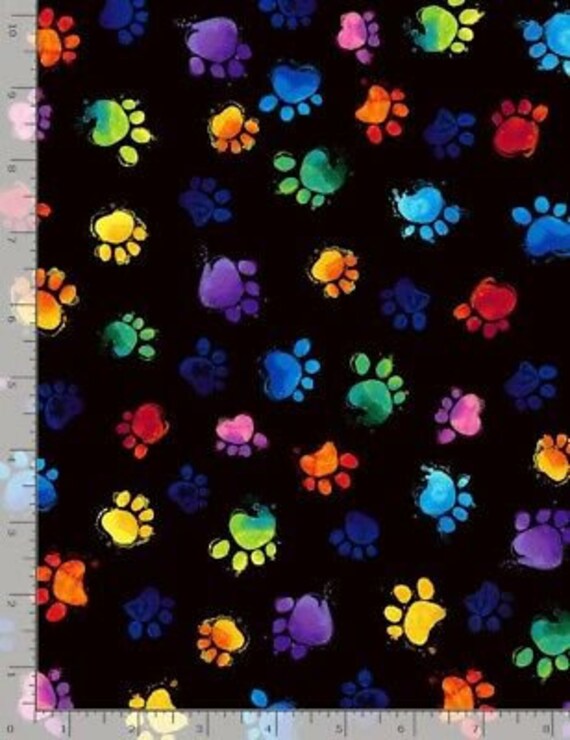 Animal Fabric Rainbow Paint Paw Print Toss Black Timeless | Etsy