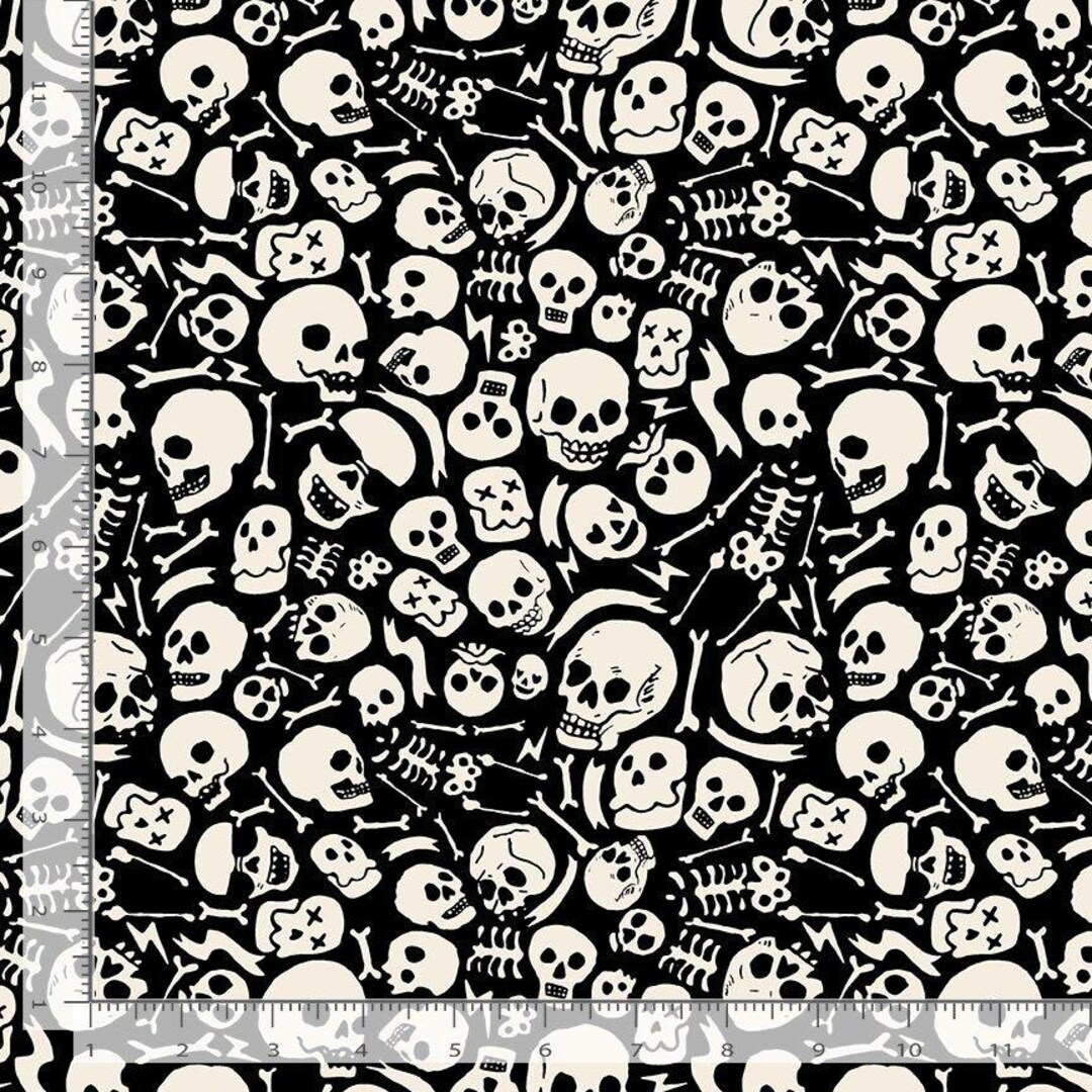 Halloween Fabric | Glow in Dark Skull Toss Black | Timeless Treasures ...