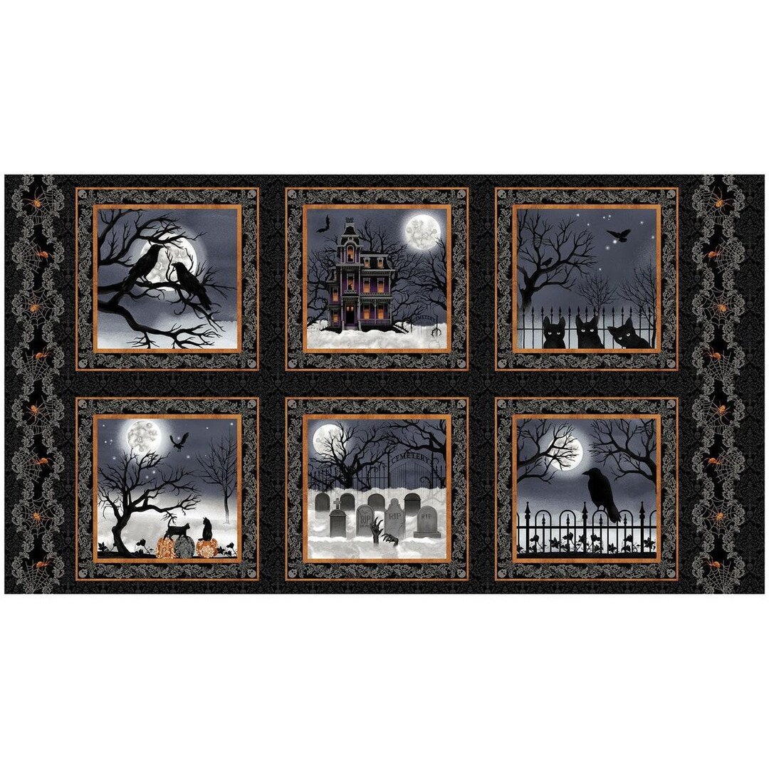 23" Fabric Panel | Studio E Spooky Night Halloween Haunted House Block ...