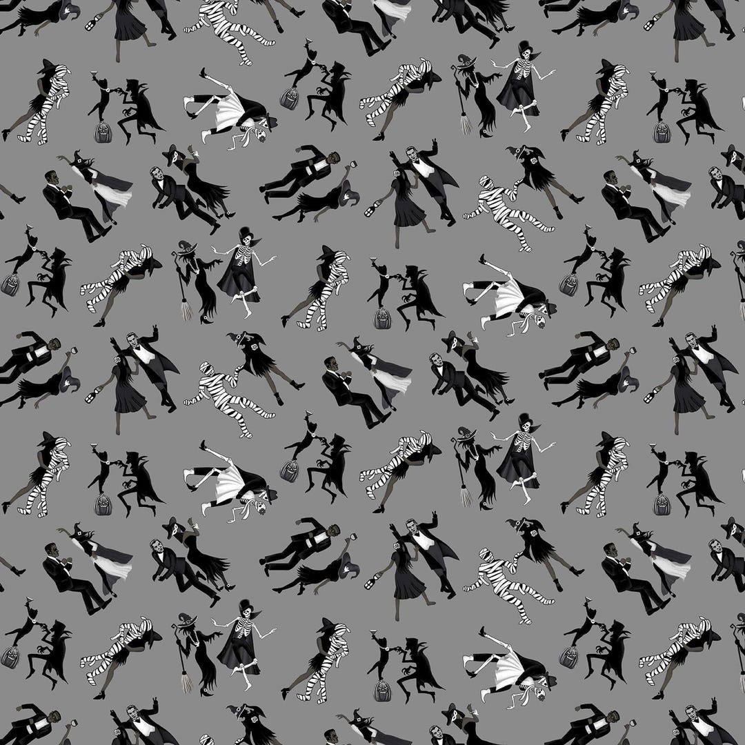 Halloween Ball Fabric | Skeleton & Monster Dance Gray | Henry Glass ...
