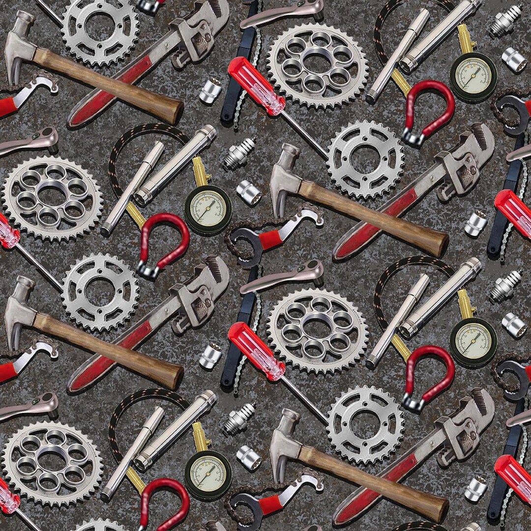 Man Cave Fabric | My Tools Rules Hammer Gear Tool Toss Gray | Henry ...