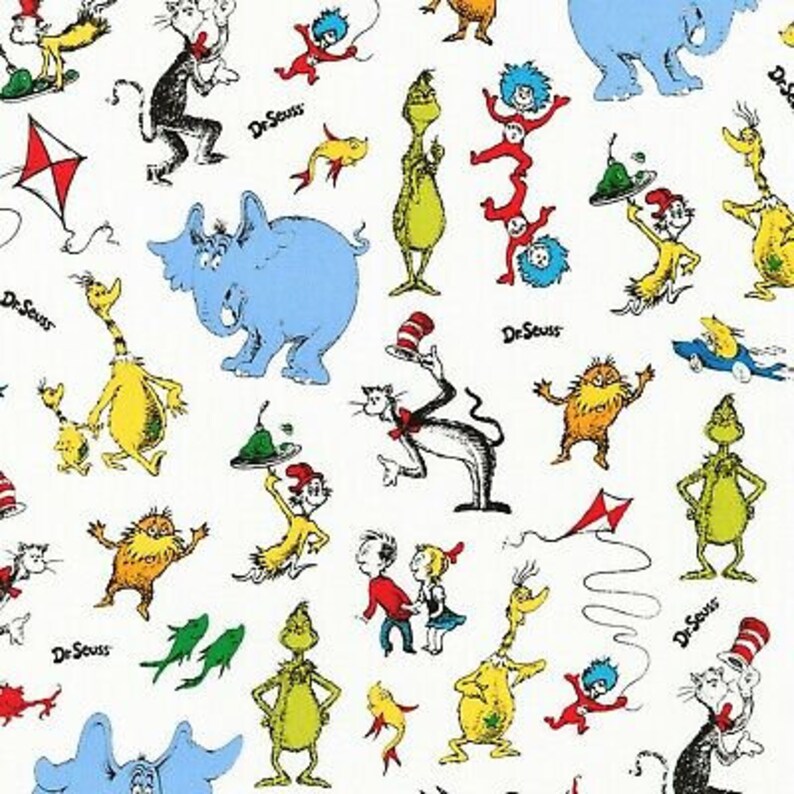 Licensed Fabric Celebrate Dr Seuss Character Toss White | Etsy
