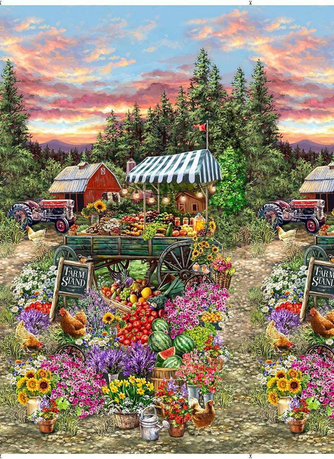 23 Fabric Panel Timeless Treasures Farm Stand Barn Tractor Produce ...