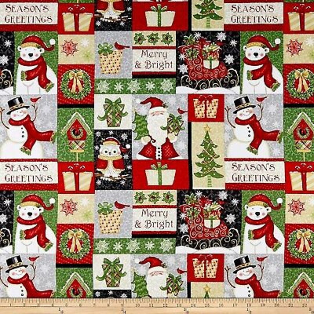 Christmas Fabric Winter Greetings Santa Snowman Bear Patch Studioe YARD ...