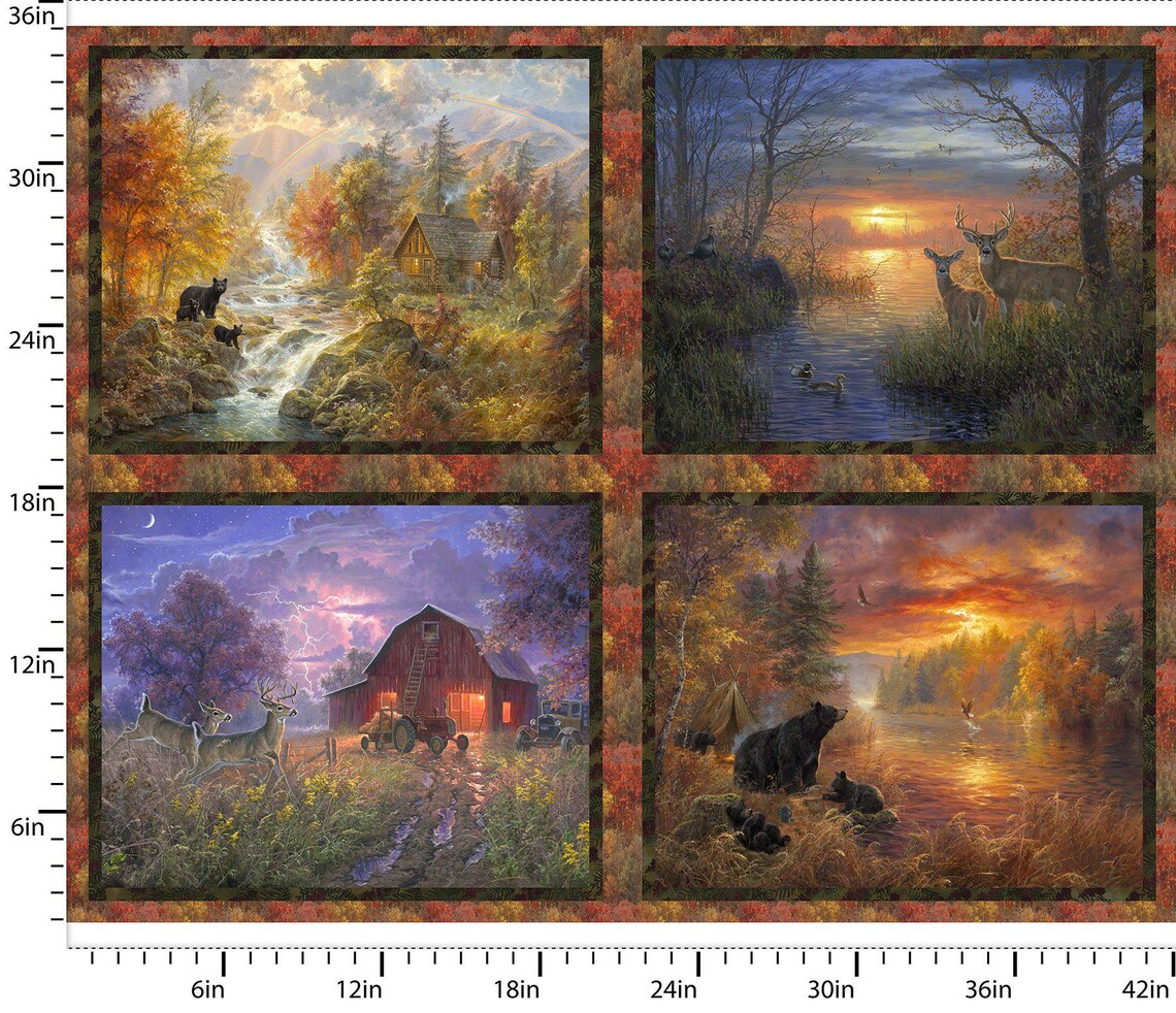 35" Fabric Panel | 3 Wishes Whitetail Country Deer Bear Wildlife Blocks ...