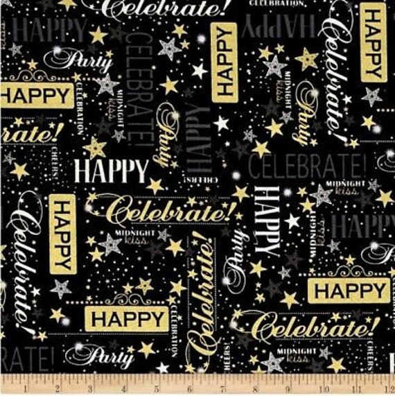 Celebration Fabric Party Words Gold Gray White Kanvas | Etsy
