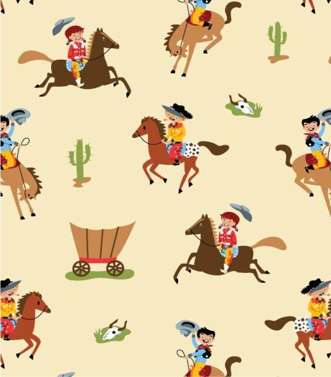 Retro Cowboy Fabric | Howdy Pard'ner Horse Wagon Yellow | Freckle ...