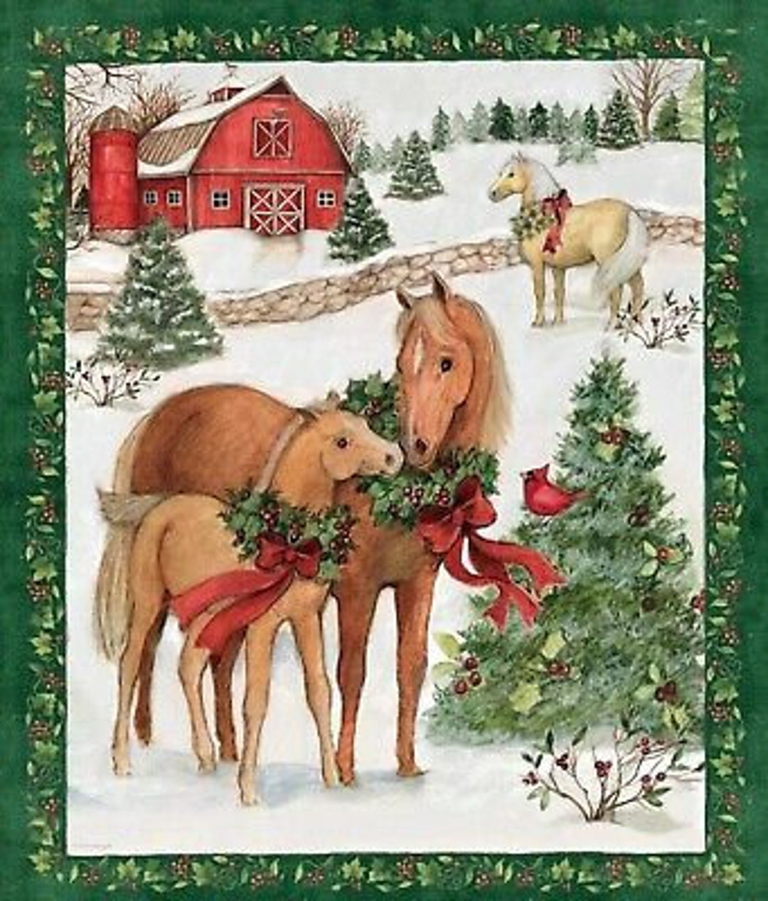 35 Fabric Panel Springs Creative Christmas Two Horses Barn by Susan ...