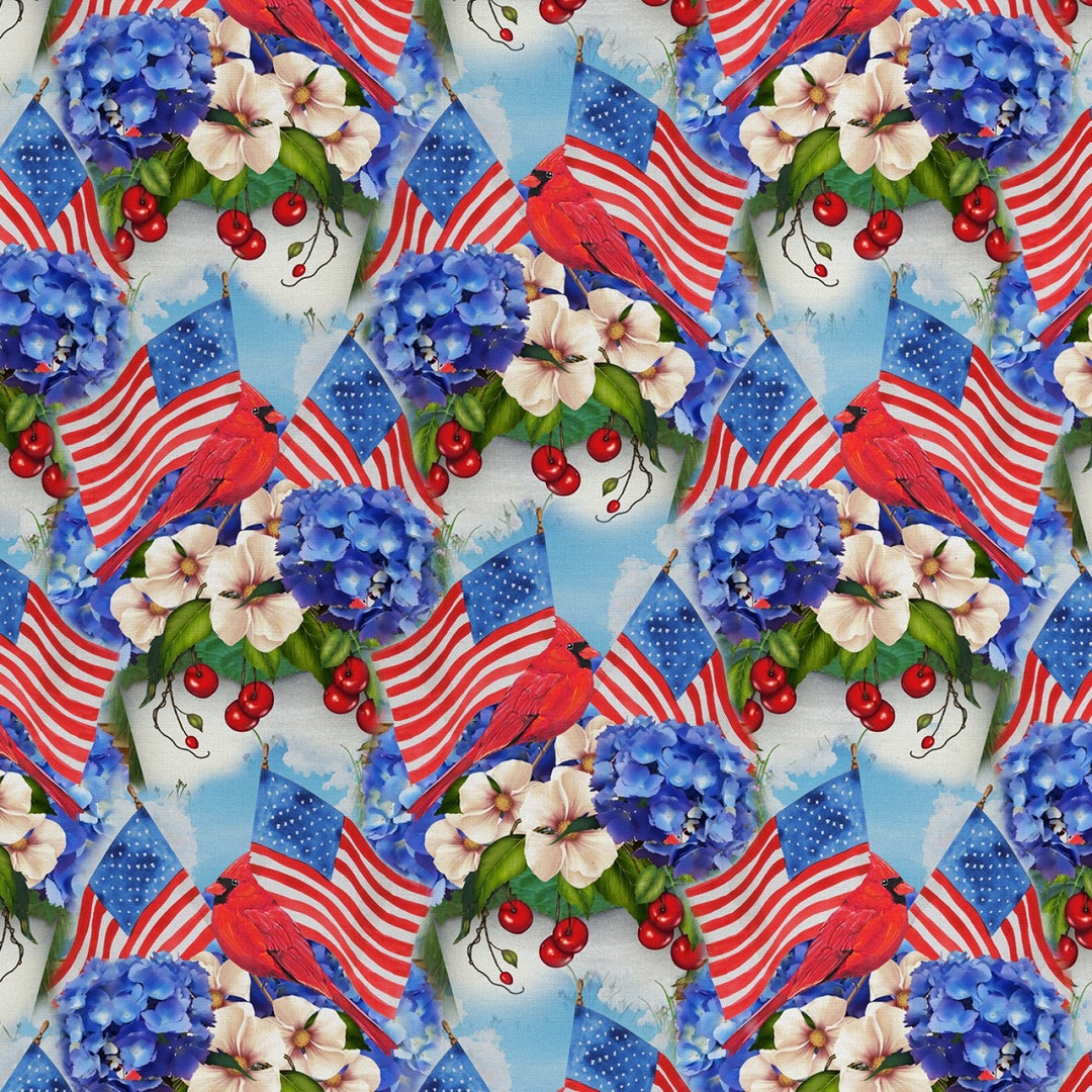 Patriotic Fabric Digital Americana Allover Flag Flower Etsy