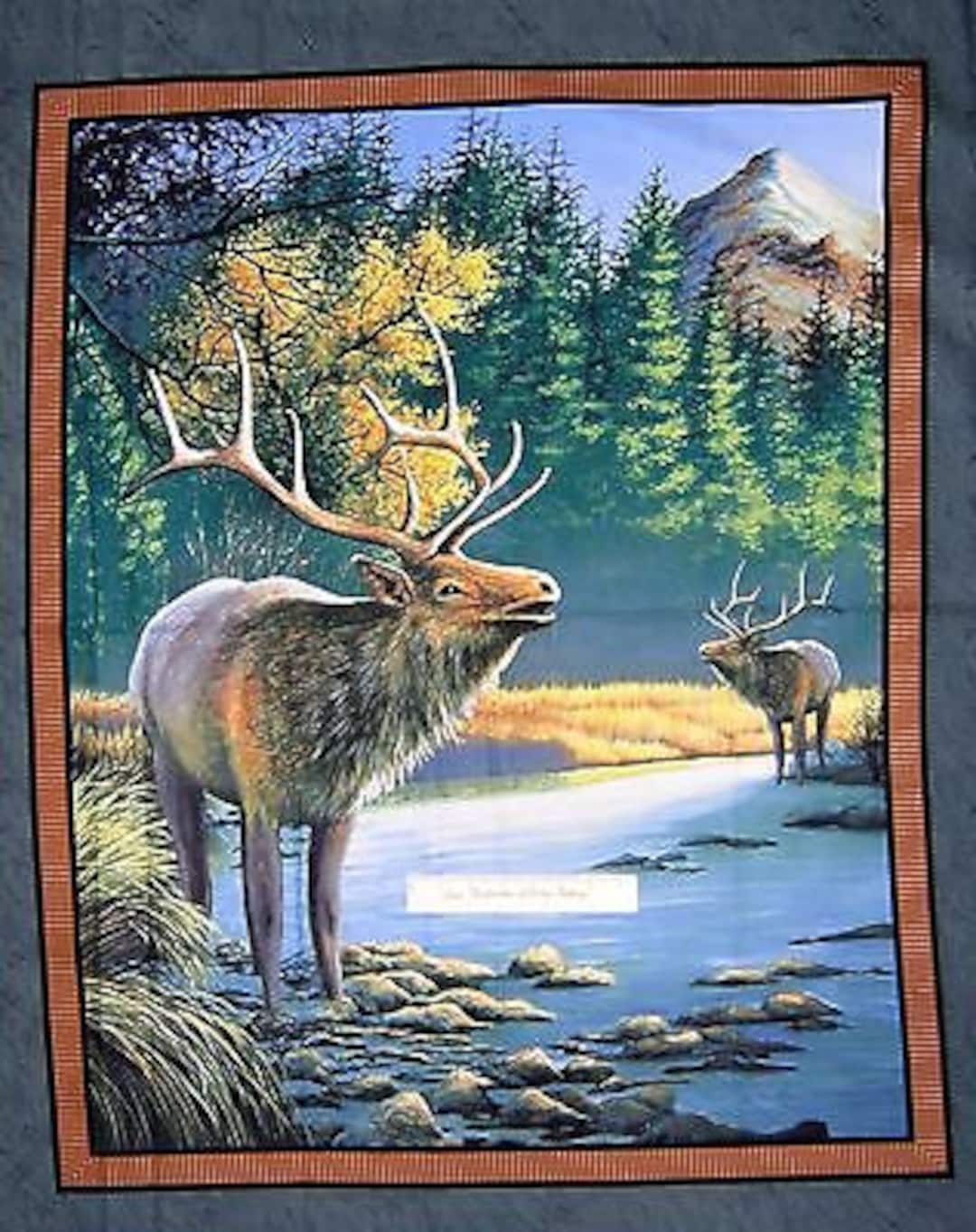 Wild Wings Fabric Panel Mountain Sky Elk Wallhanging Block Teal Springs ...