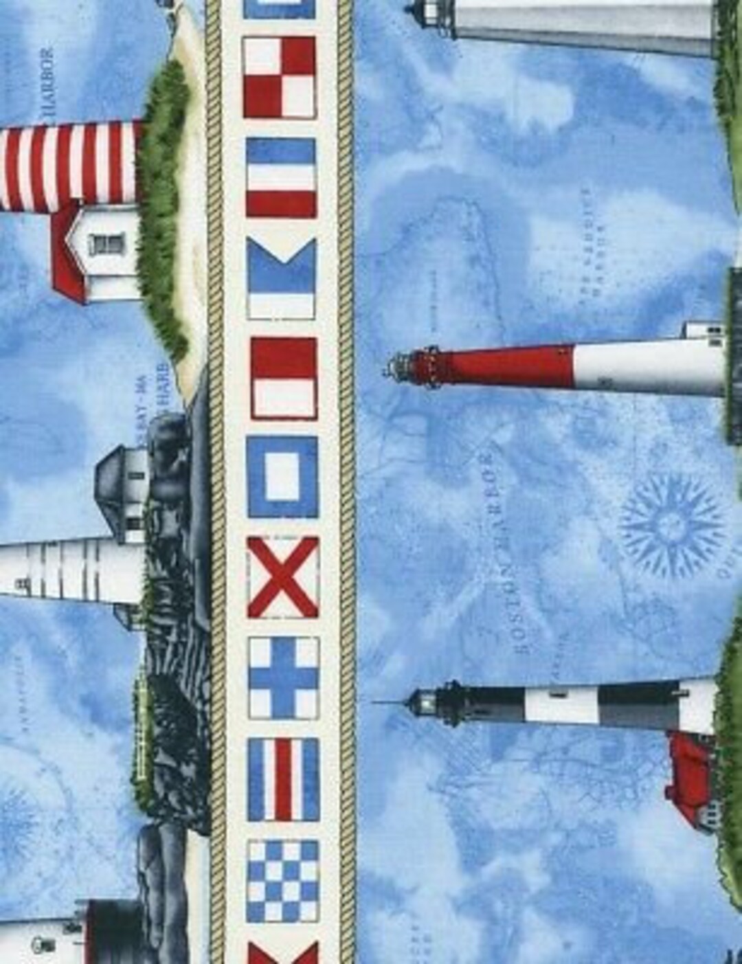 Nautical Fabric Lighthouse & Naval Flag Stripe Blue Timeless Treasures ...