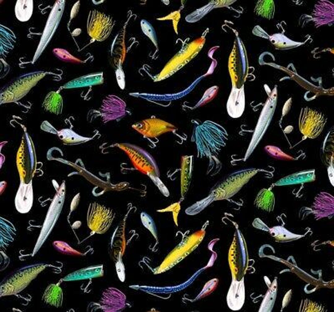 Tight Lines Fabric - Fishing Lure Toss on Black - Elizabeth's Studio ...