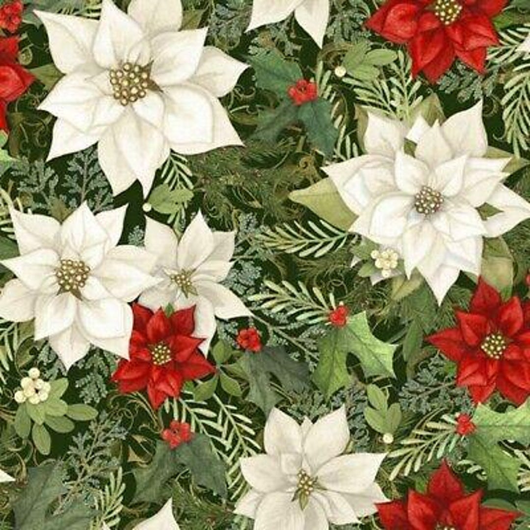 Christmas Fabric Springs Elegant Red White Poinsettia on Green Yard ...