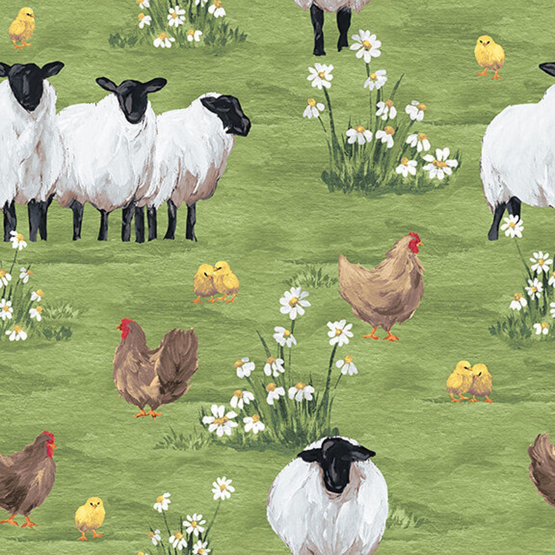 French Hill Farms Fabric Sheep & Chicken Field Green Scenic Blank YARD ...
