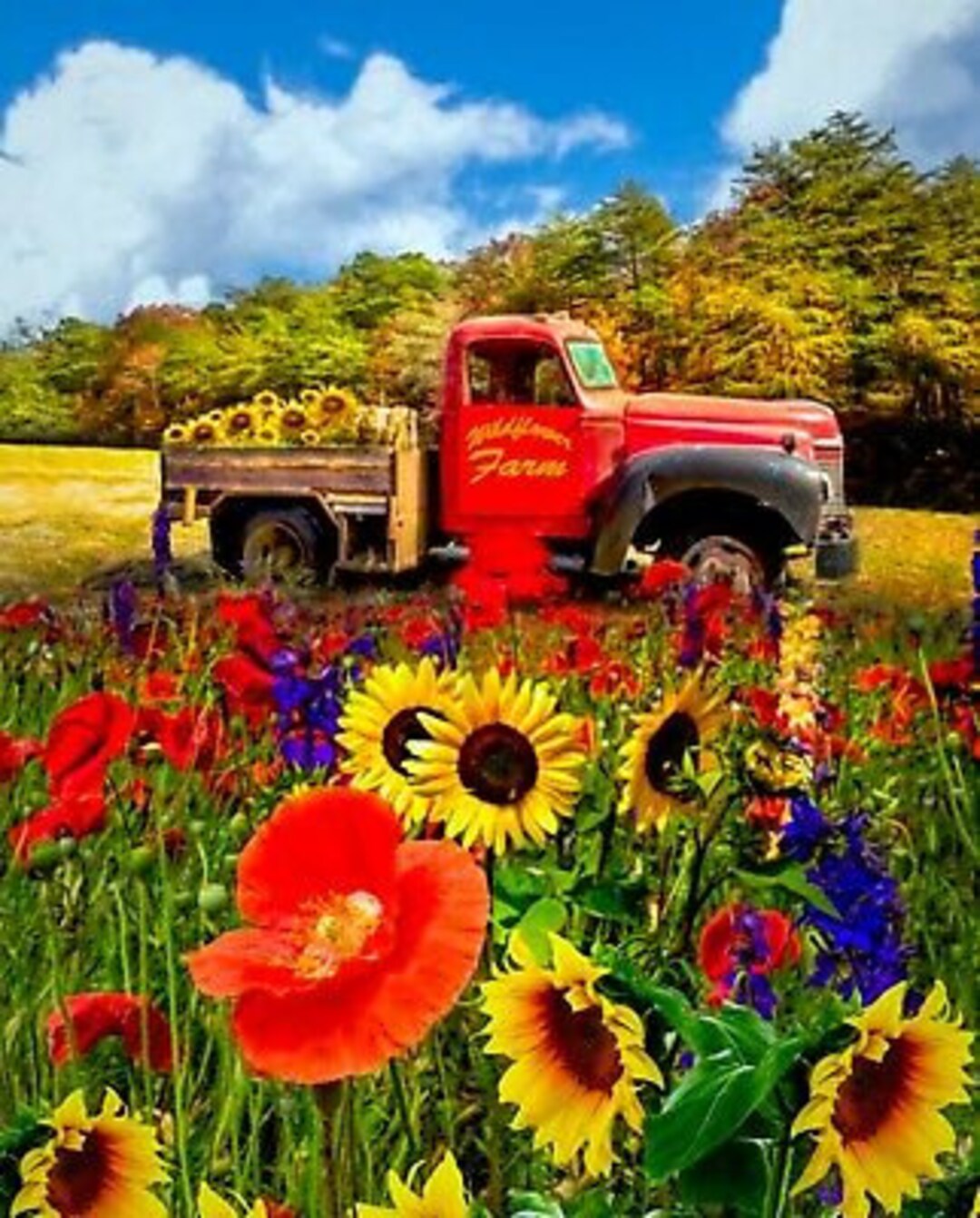 35 Fabric Panel David Textiles Digital Wildflower Farm Red Pickup Truck ...