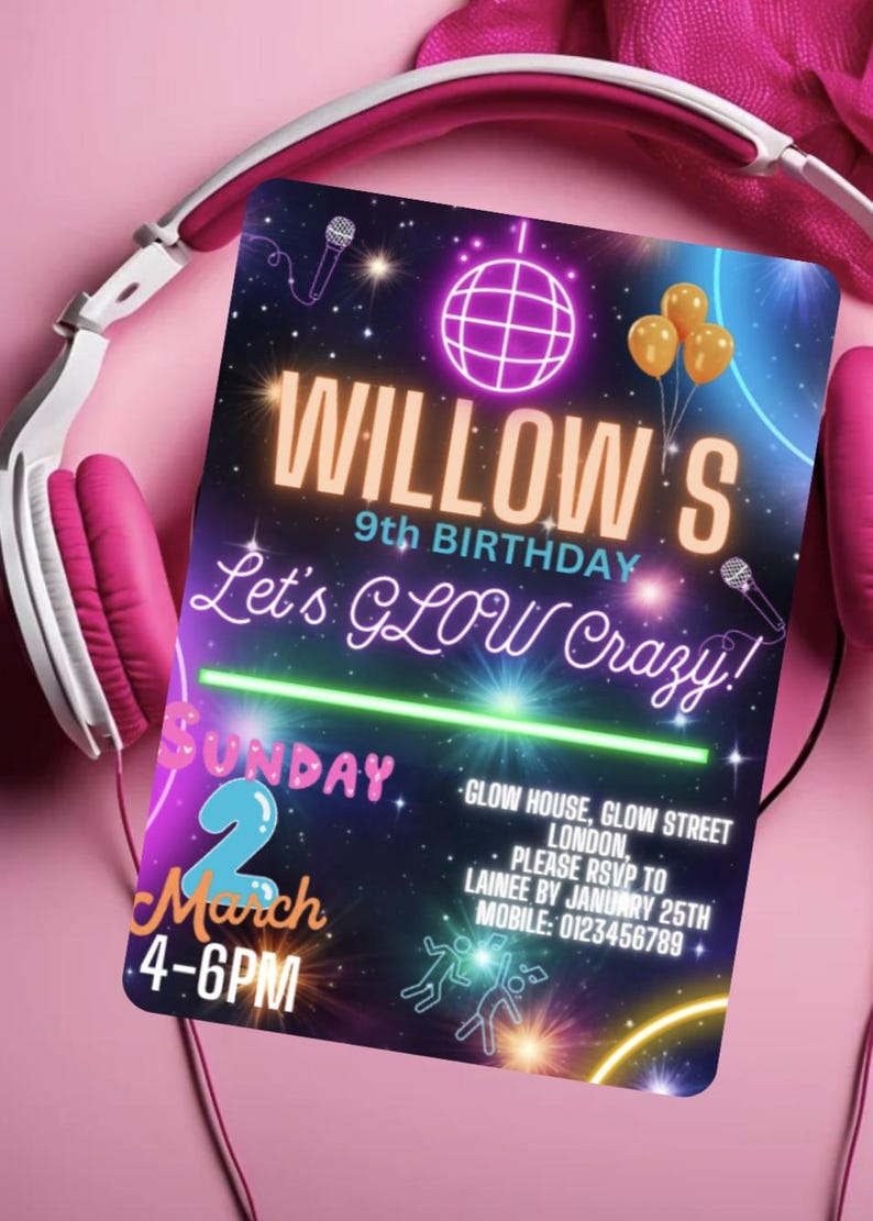 Editable Let's Glow Party Invitations, Neon, Printable Invitations ...