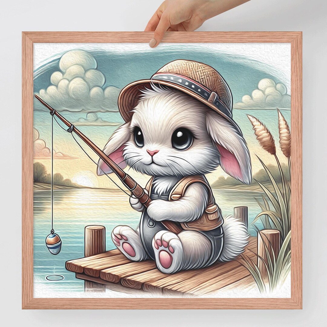 Bunny Fishing Art Print | Rabbit Fisherman Wall Art | Cabin Decor ...