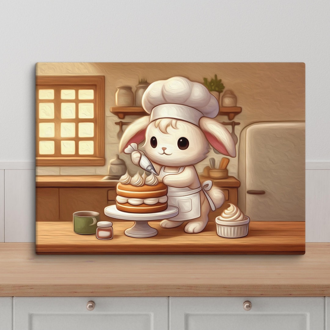 Bunny Rabbit Baking Cake Kitchen Canvas Art | Dining Room Chef Art ...