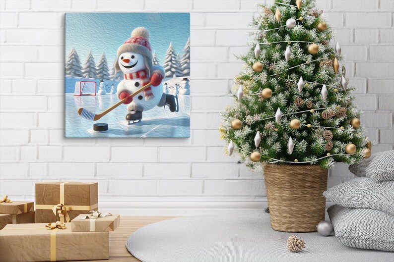 Snowman Playing Hockey Canvas | Winter Wonderland on Ice | Christmas ...