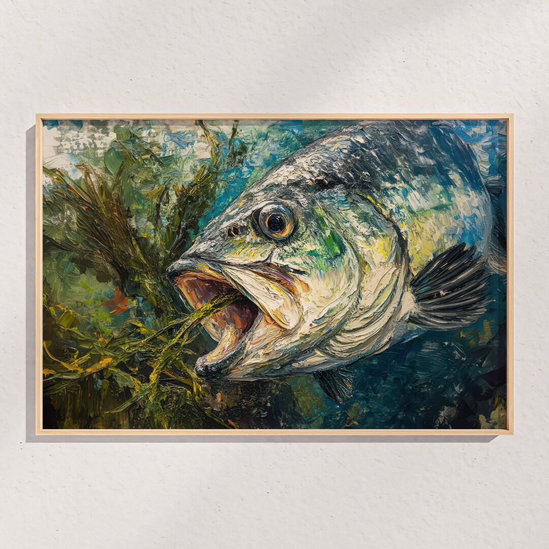 Vintage Large Mouth Bass Oil Painting Print: Mid-century Wildlife Art ...