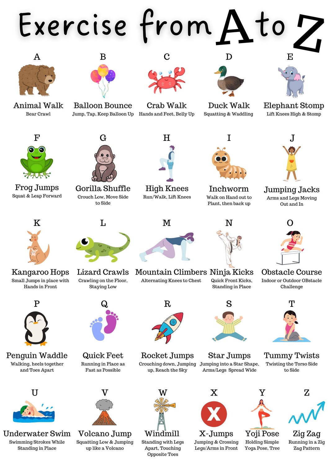 ABC Fitness Activities for Kids A to Z Kid Friendly Exercises ABC ...