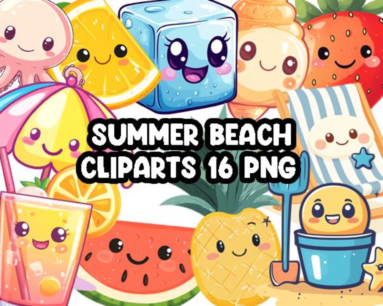 Kawaii Summer Beach Clipart Bundle: Pastel PNG Graphics (digital ...