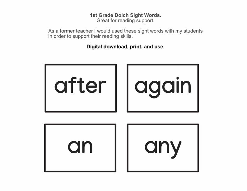 1st Grade Dolch Sight Word Flashcards - Digital Download - Printable ...