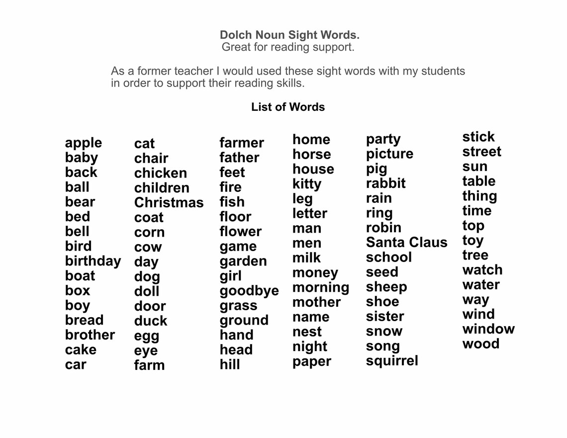 Dolch Noun Sight Word With Pictures Flashcards - Digital Download ...