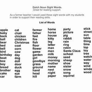 Dolch Noun Sight Word With Pictures Flashcards - Digital Download ...