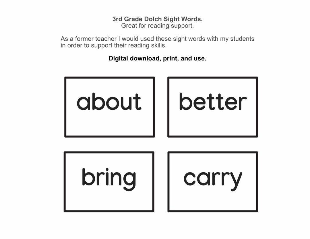3rd Grade Dolch Sight Word Flashcards - Digital Download - Printable ...