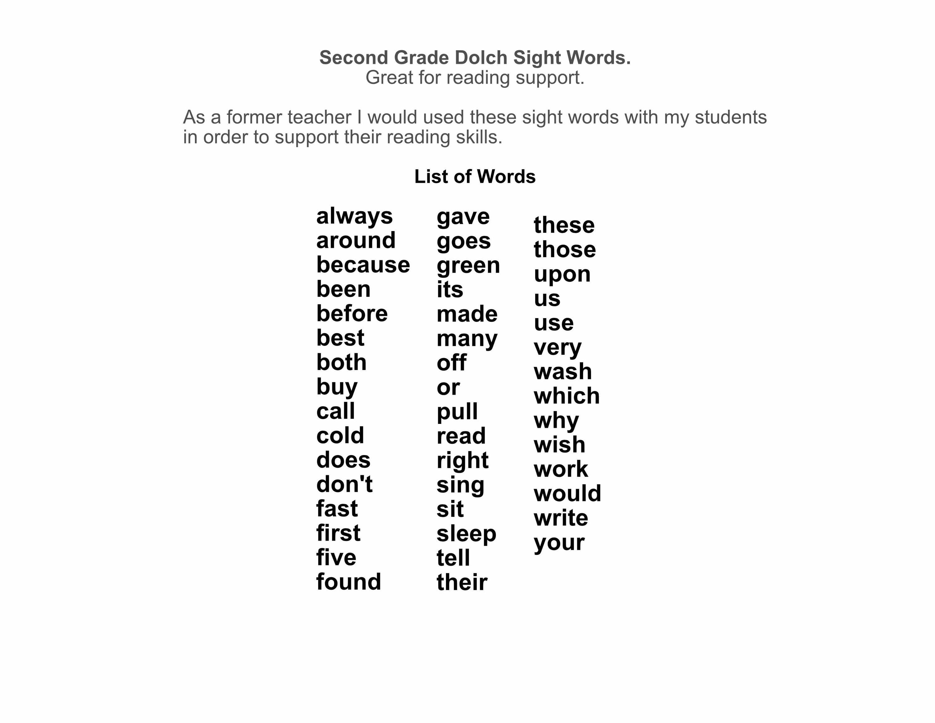2nd Grade Dolch Sight Word Flashcards - Digital Download - Printable ...