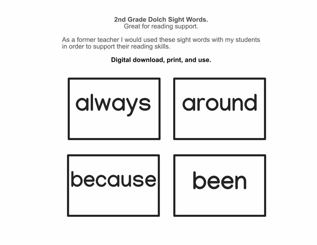 2nd Grade Dolch Sight Word Flashcards - Digital Download - Printable ...