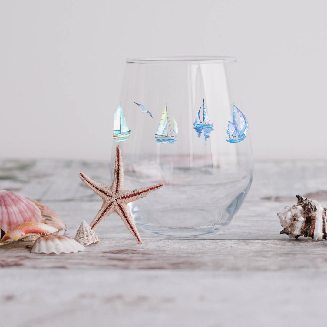 Sailboat Lover Gift Stemless Wine Glass Sailing Enthusiast Barware Sea ...