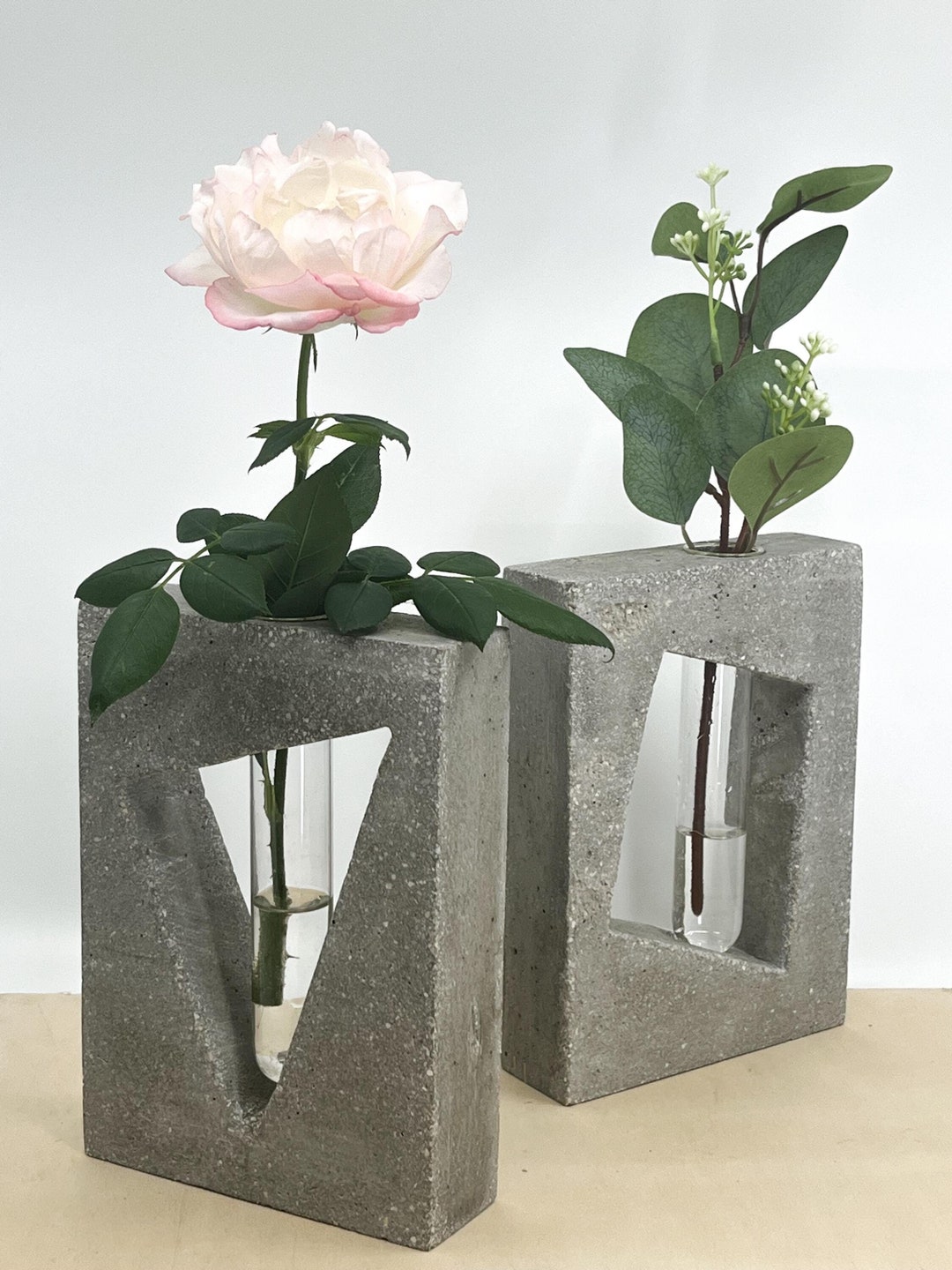 Two Concrete Vases With Transparent Glass Inner Vase - Etsy