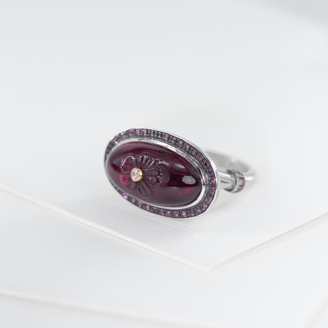 Flower Cameo Ring, Raspberry Rhodolite & Diamond Ring Raspberry Bloom ...