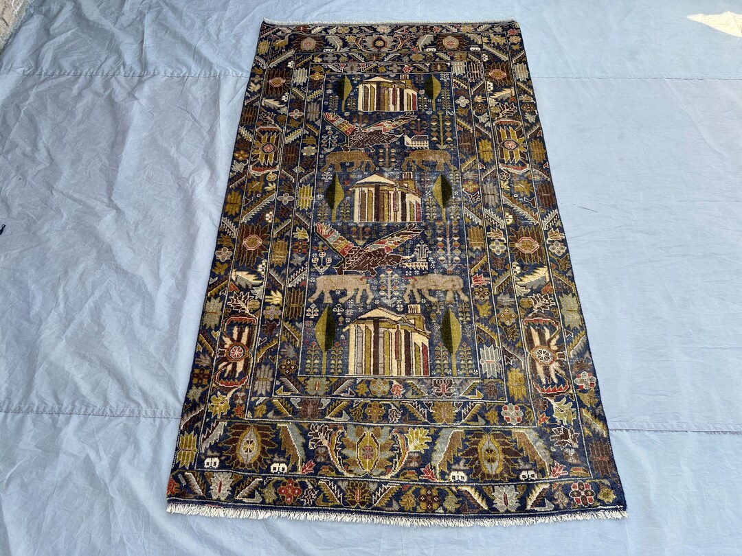 Antique Afghan Baluchi Rug 4x7 | Hand Knotted Pictorial Hunting Scene ...