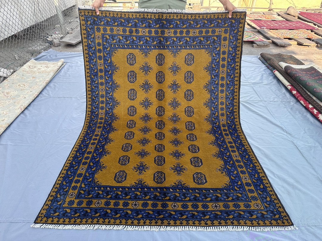 5x7 Gold Blue Afghan Turkmen Bukhara Rug, Hand Knotted Wool Carpet ...